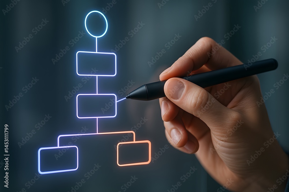 A hand holds a pen drawing a multi-level flowchart with connected nodes ...