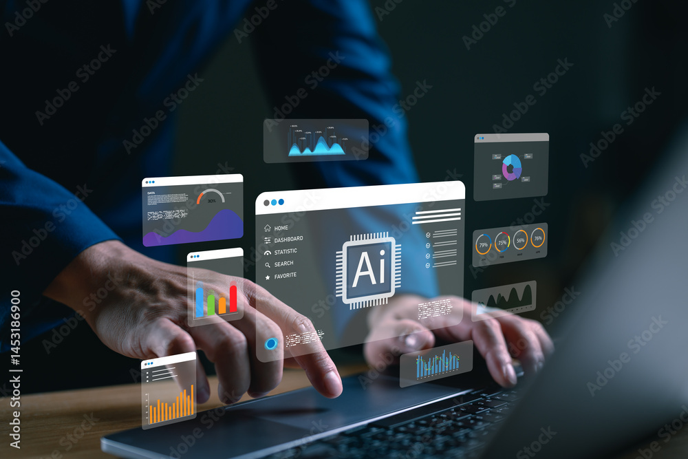 Businessman using laptop with AI data analytics dashboard interface. Concept artificial ...
