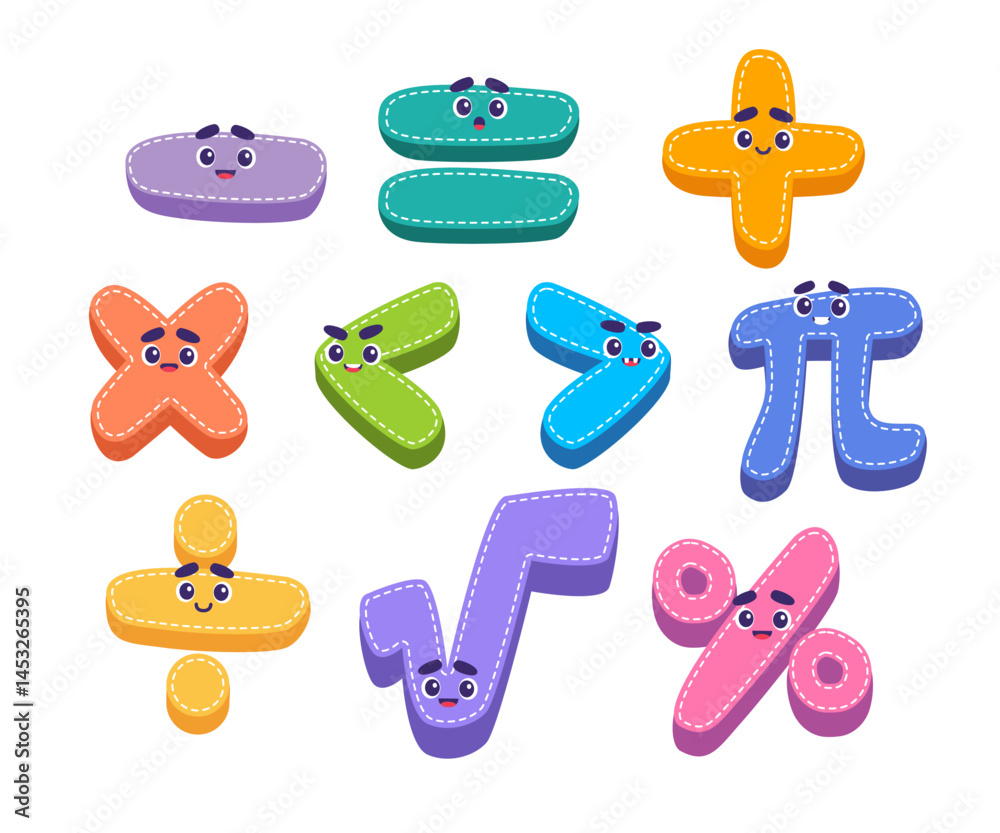 Set of funny cute math characters cartoon and mathematics symbols with ...
