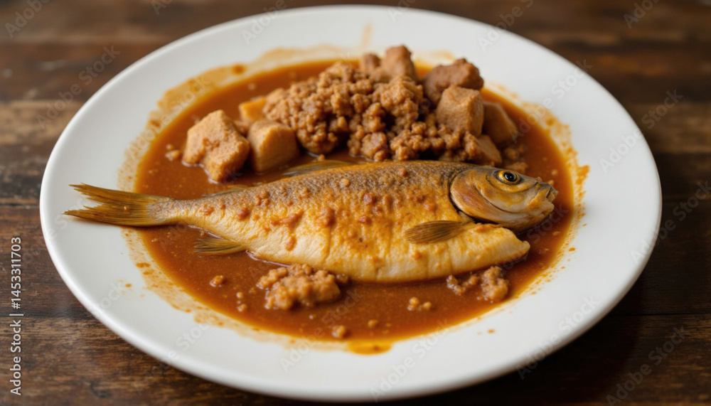 Plate of authentic Senegalese thieboudienne featuring whole fish served ...
