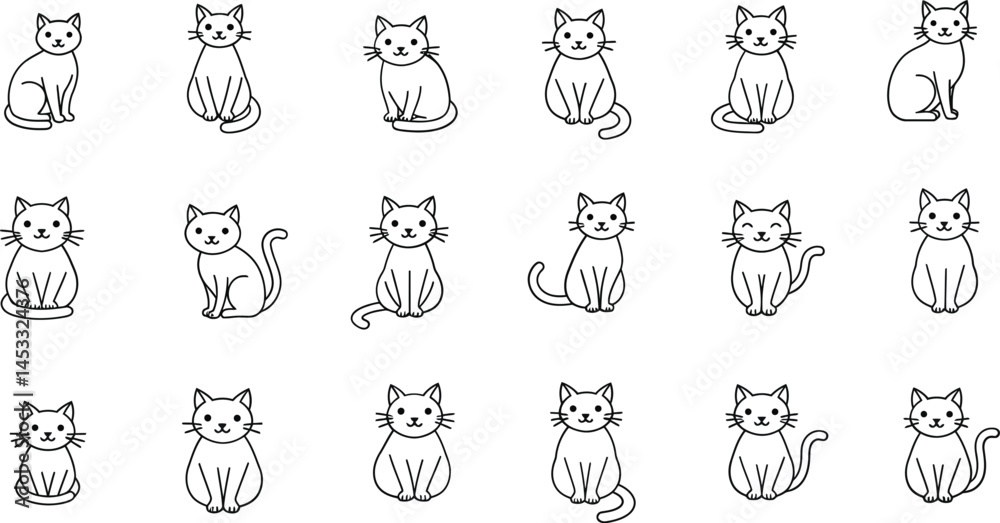 Various simple black line art cat illustrations in different poses and ...