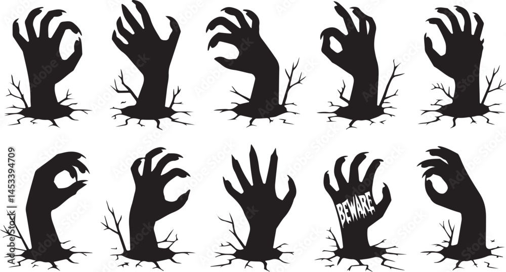 Vector de Stock Zombie Hand Silhouette Vector Collection with Grabbing ...