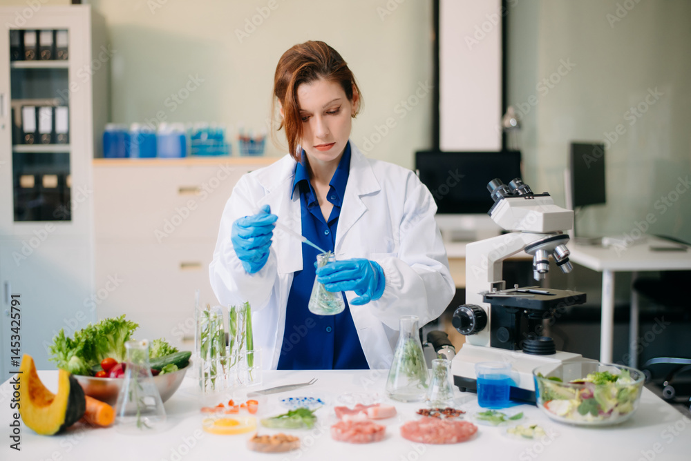 Scientist testing food samples in lab with microscope, vegetables, and ...