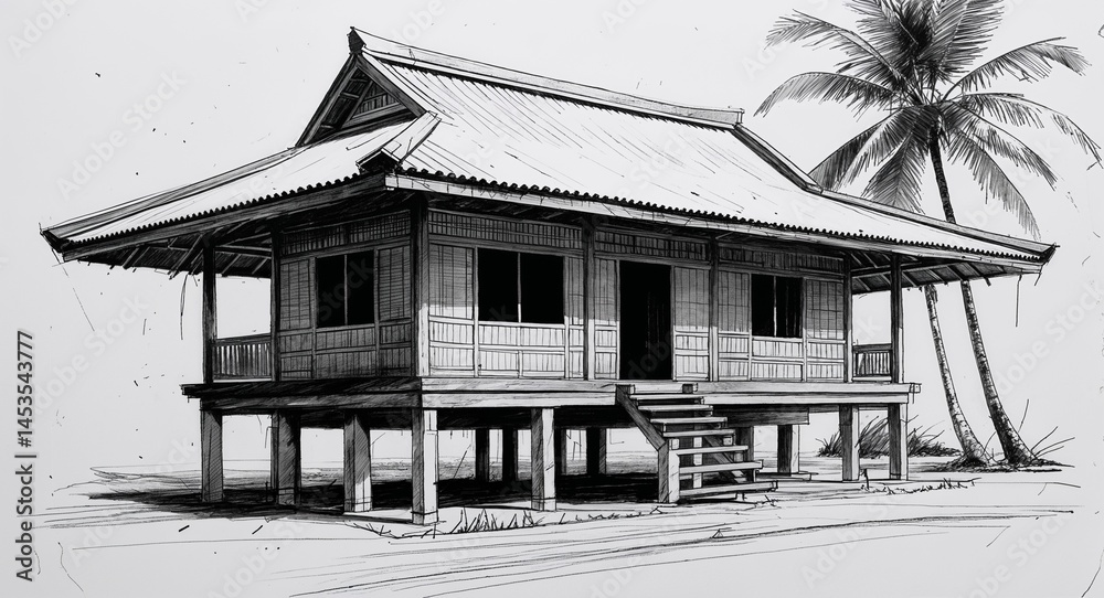 Traditional Filipino bahay kubo house building design in sketch hand ...