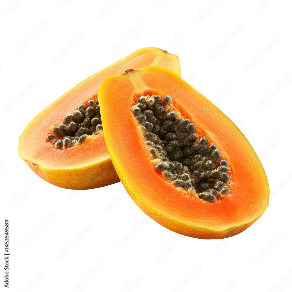 Ripe papaya fruit split in half revealing seeds and vibrant orange ...