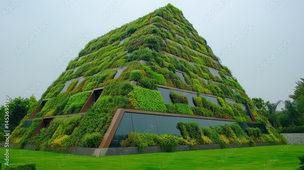 Futuristic skyscraper with stepped sides in a scenic city landscape ...
