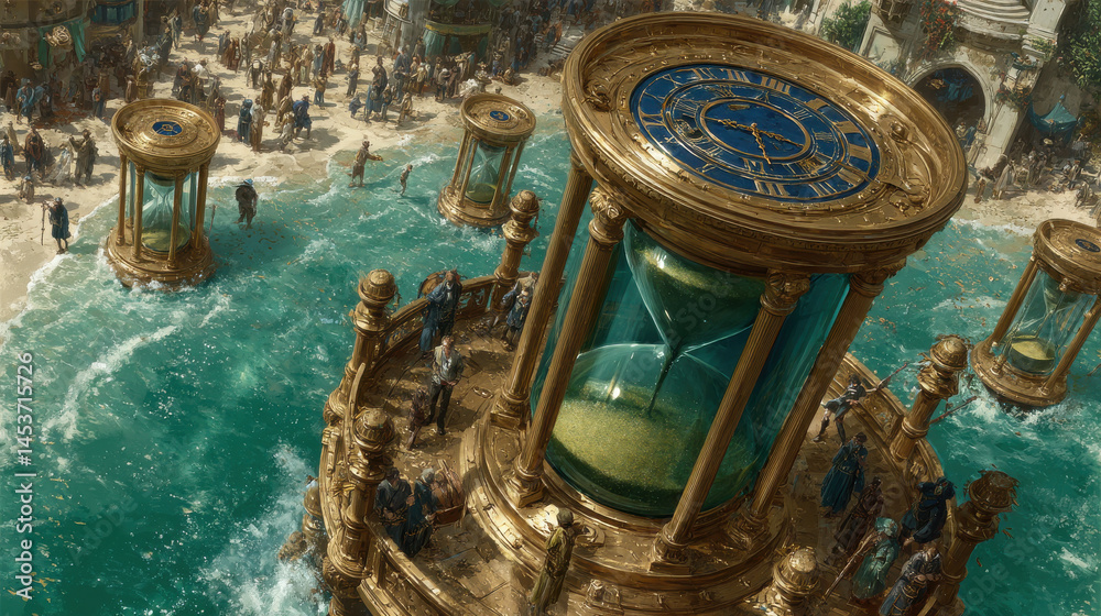 Giant golden hourglass structures with blue clock faces stand in ...