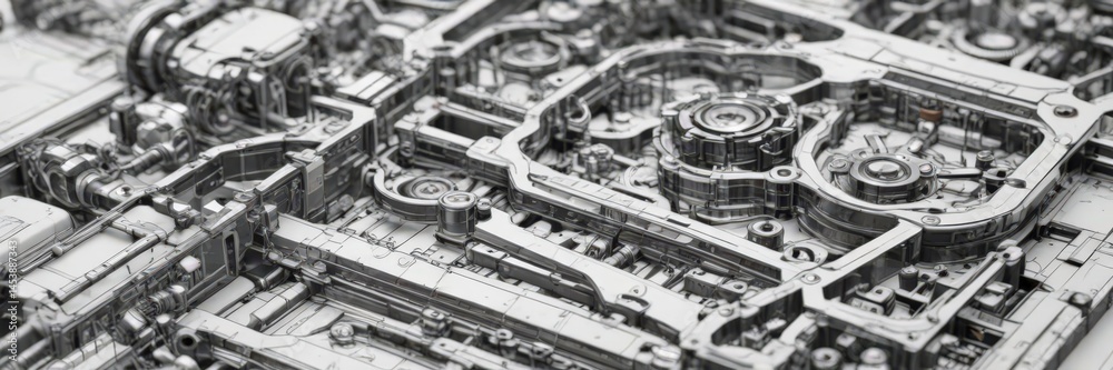 Sharp black outlines on white, complex mechanical blueprint style ...