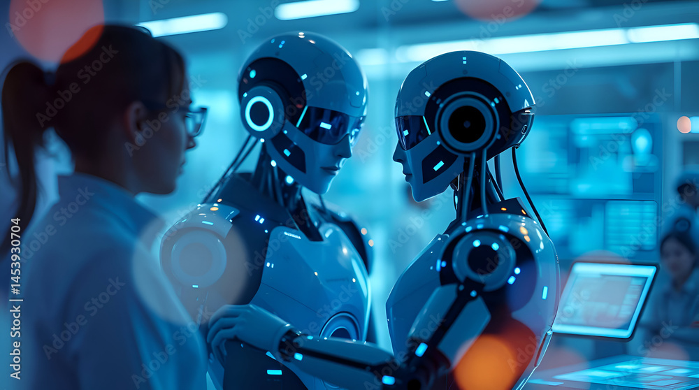 An epic scene of a human-robot team collaborating on AI development in ...