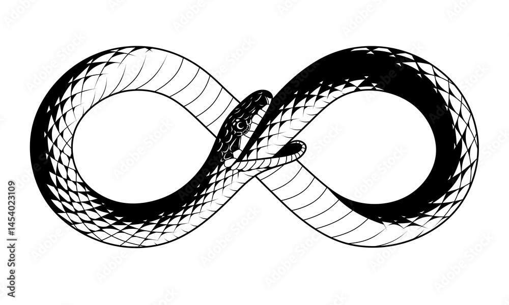 Snake eating its tail curled up in the shape of infinity sign black and ...