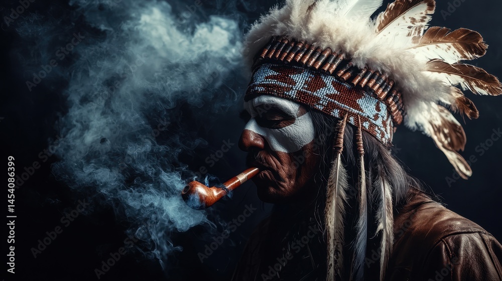Native American man in traditional attire smoking a pipe amidst ...