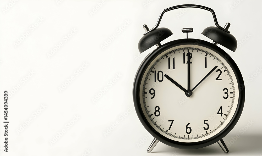 Black alarm clock on a plain white background shows the time close to ...
