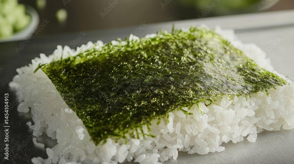 Foto de Stock Square-shaped piece of white rice on a black plate. the ...