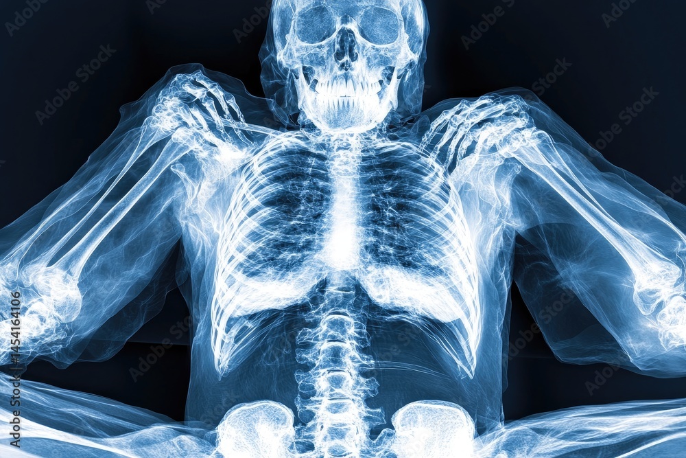 X-ray image showing full skeleton upper body, arms raised. Spinal ...