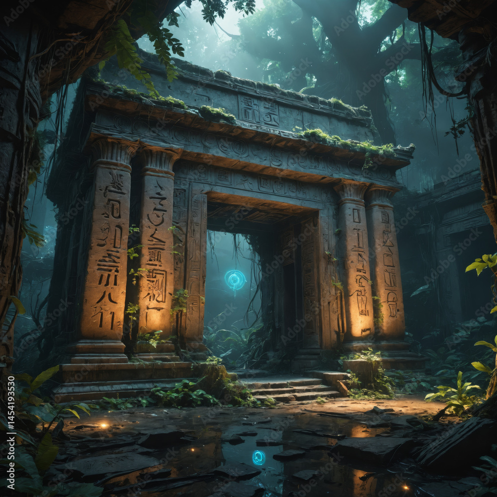 Abandoned Alien Temple Glowing Hieroglyphs Bioluminescent Vines ...