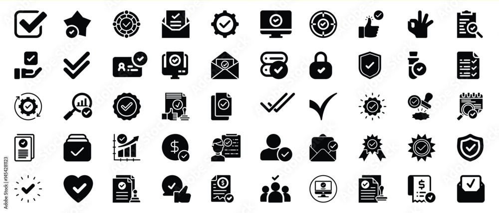 Collection of approved icons depicting confirmation and verification ...