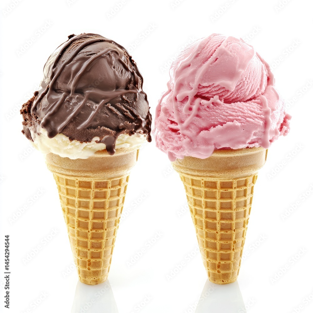 Two ice cream cones, one with chocolate, one with strawberry flavored ...
