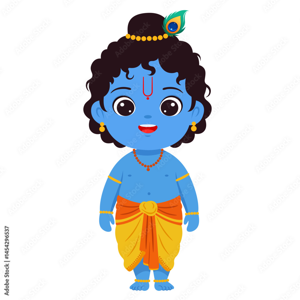 Cute Cartoon Illustration of Lord Krishna as a Child with Peacock ...