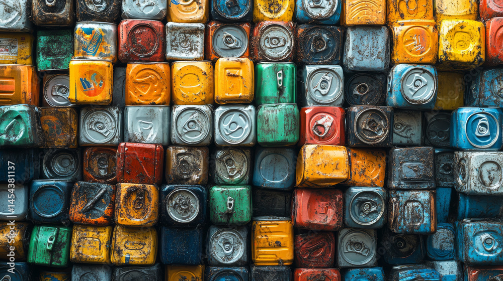 Stack of densely compressed cubes made from juice and beer cans ...