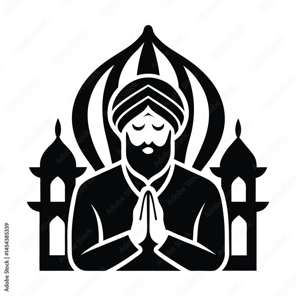 Sikh man praying in front of Golden Temple outline with Khanda symbol ...