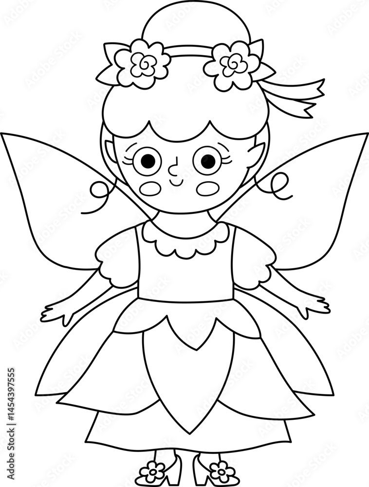 Vector black and white flower fairy icon. Cute little girl with wings ...