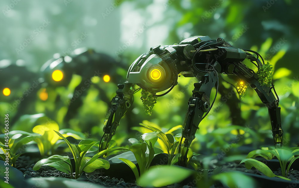 Mech Jungle Bloom Overgrown robotic plants with glowing cores sprout ...