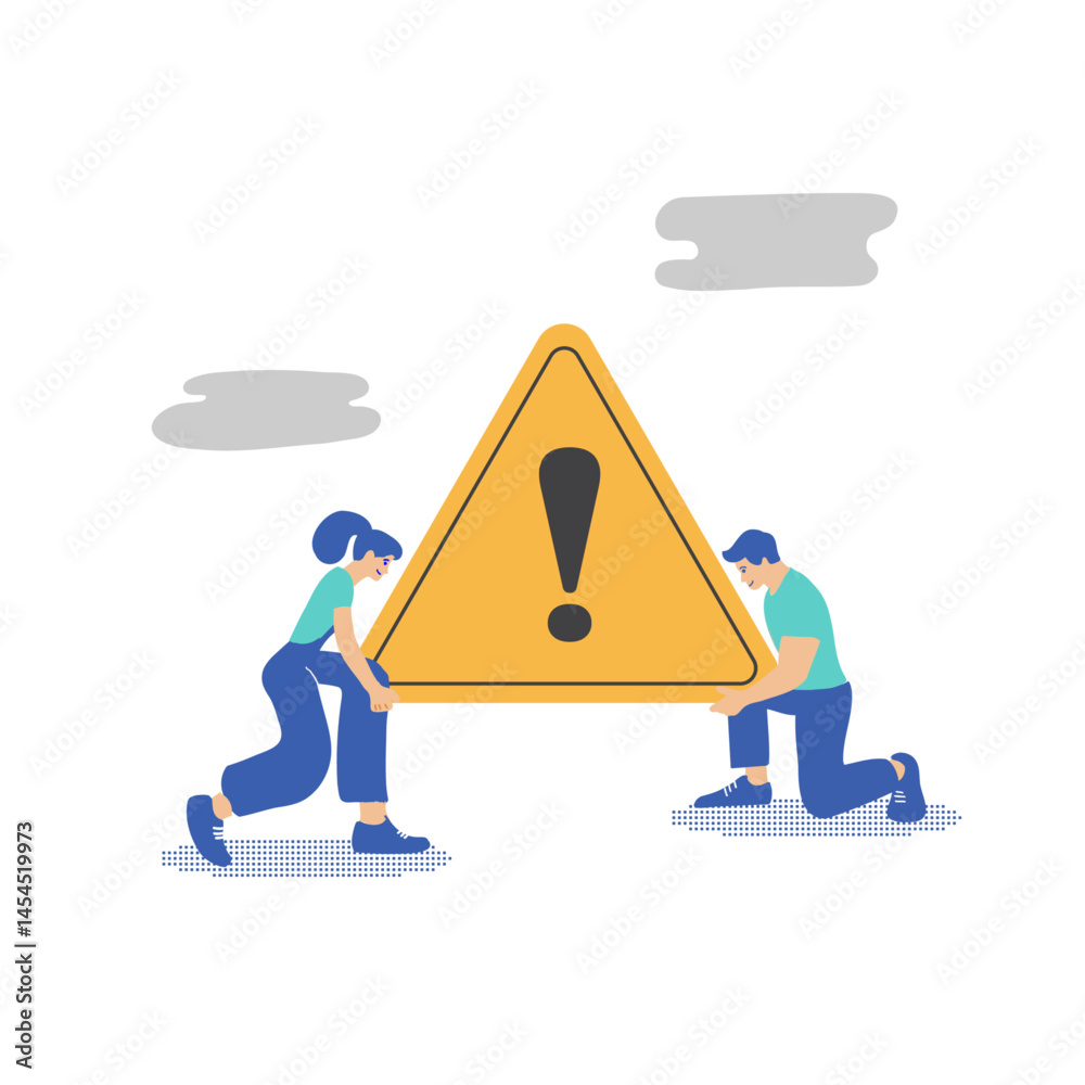 Team Caution concept illustrration a team lifting a yellow warning sign ...