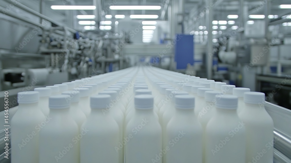 Bottles of milk on a production line in a modern dairy factory with ...