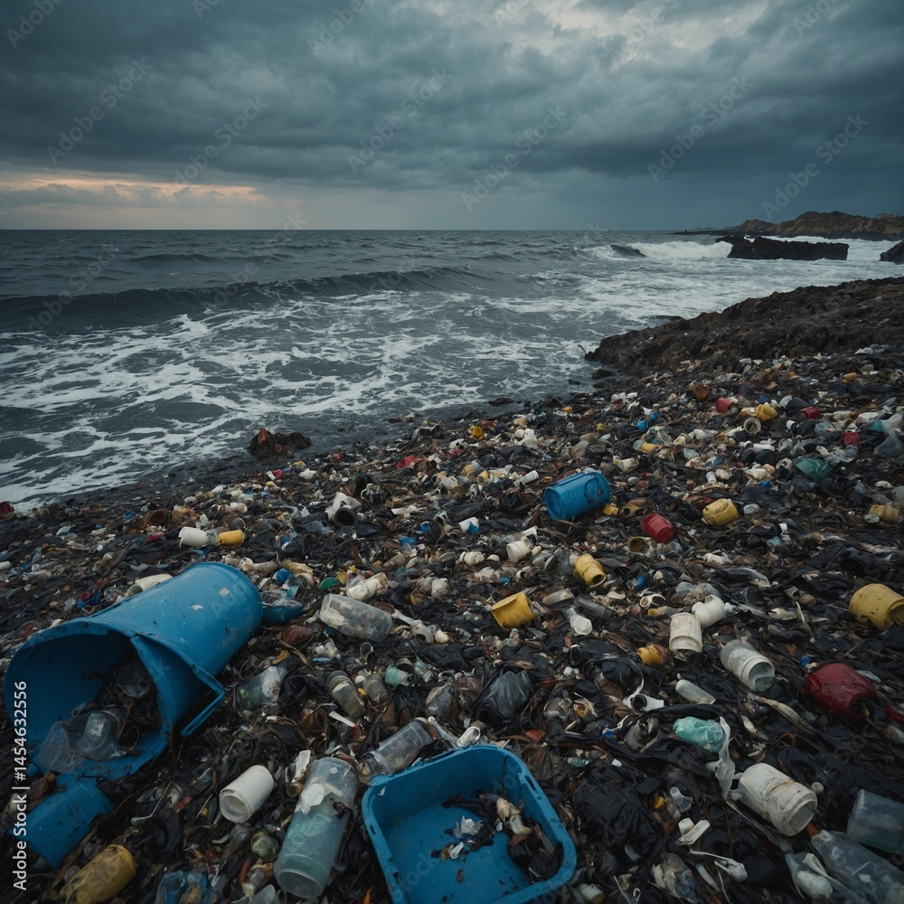 Polluted Beach Under Cloudy Sky Filled with Plastic Waste and Debris ...