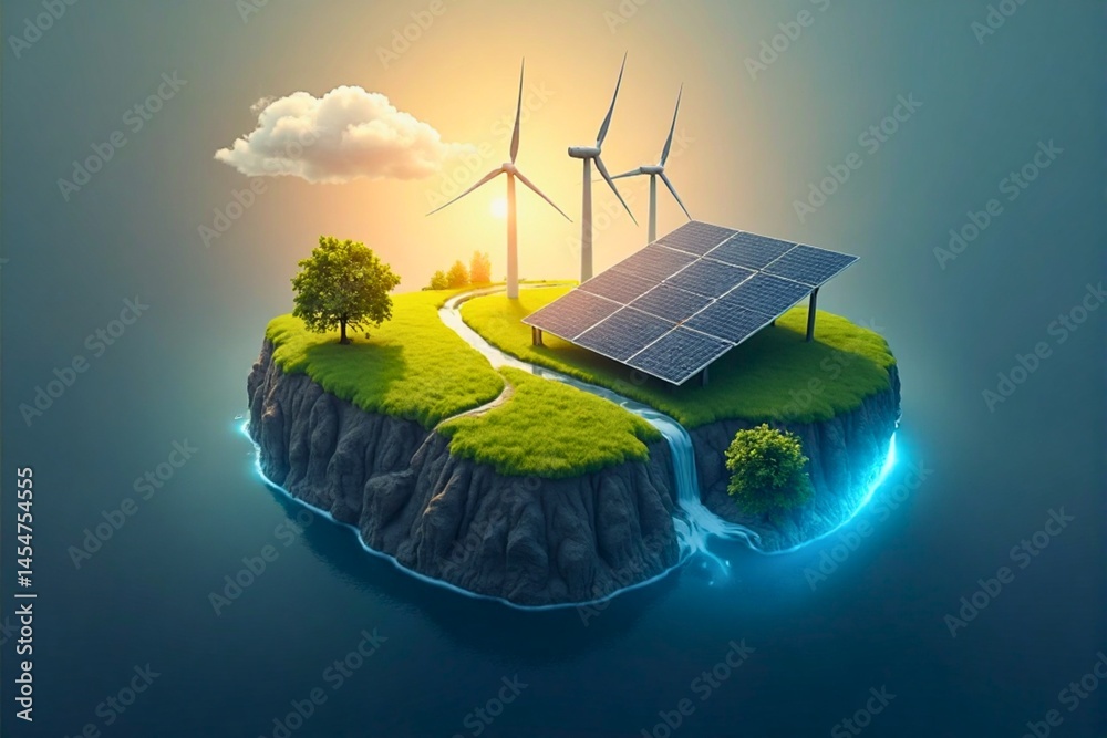 renewable energy background with green energy as wind turbines and ...
