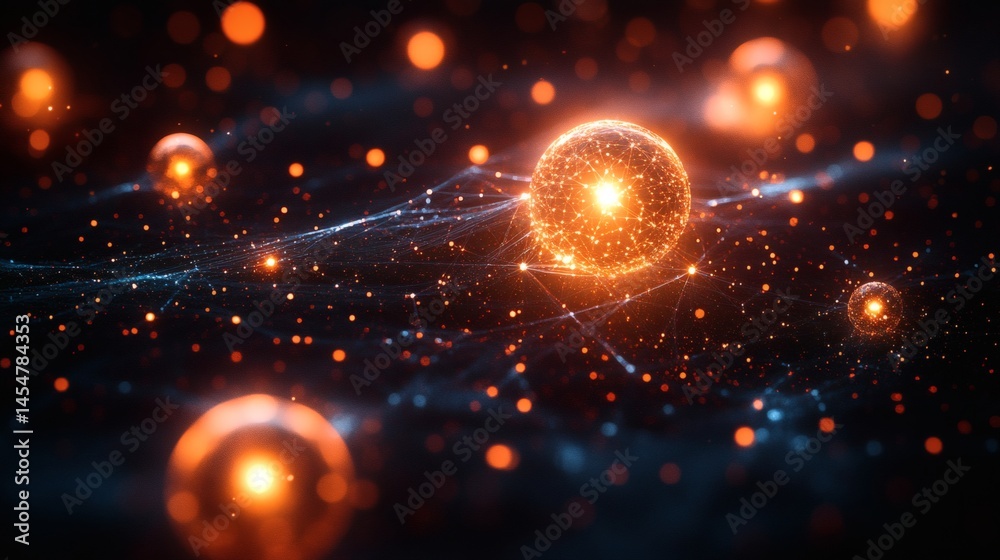 Glowing interconnected spheres create network visualization, data ...