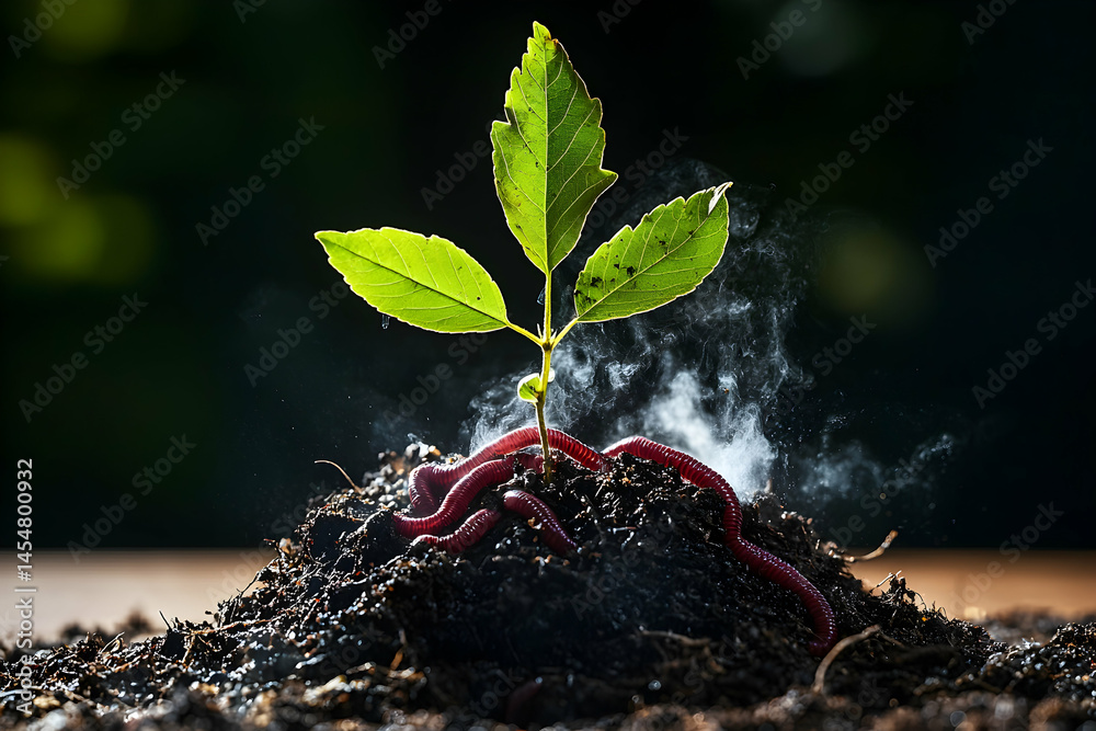 A green sprout emerges from soil with worms. This image represents ...