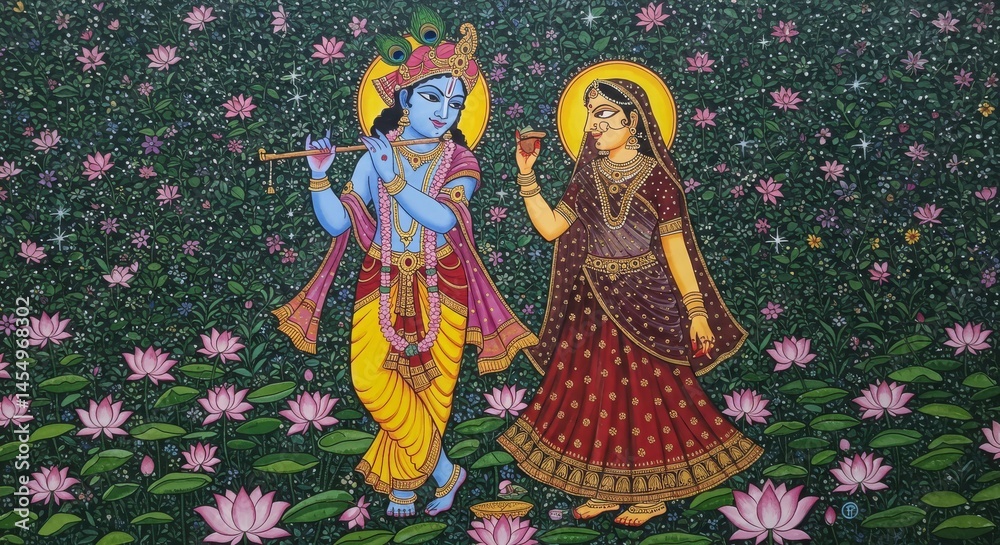 Krishna and Radha depicted in a traditional pichwai painting with lotus ...