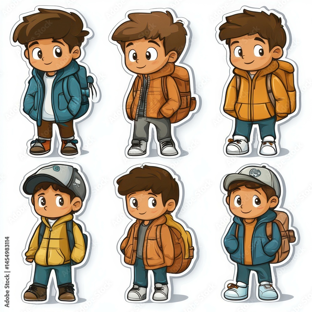 Character design of a young boy in various outfits and poses with ...
