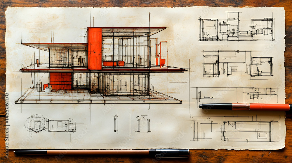Architectural sketch of a two-story modern house showcasing detailed ...