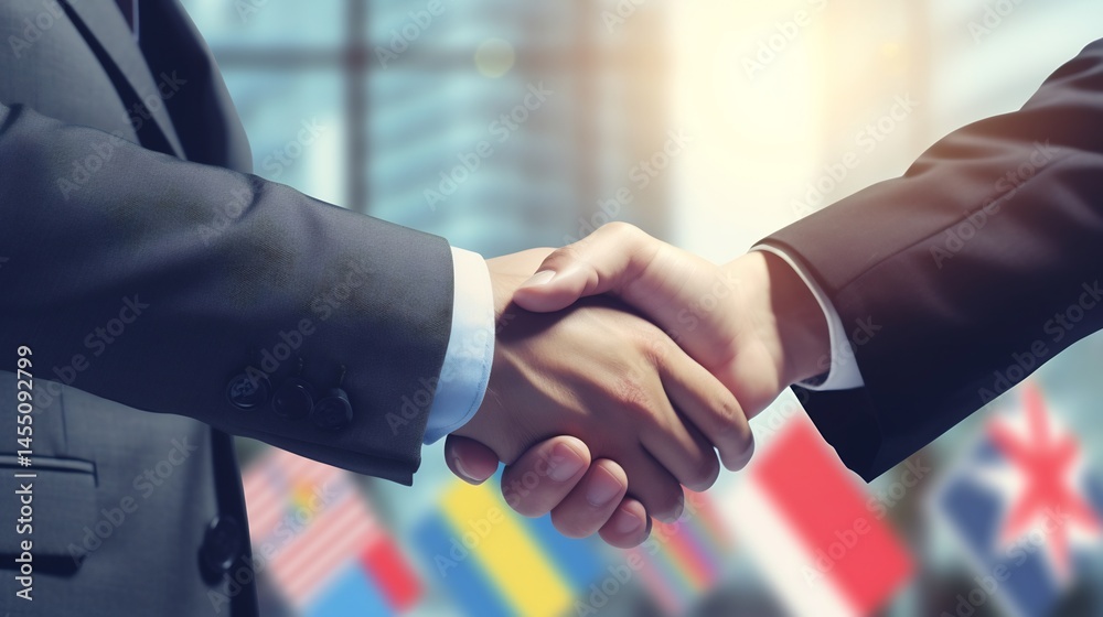 Business handshake across two country split screen style realistic ...