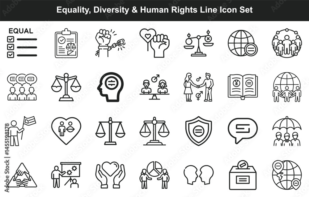 Black outline icon set illustrates themes of equality, diversity, and ...