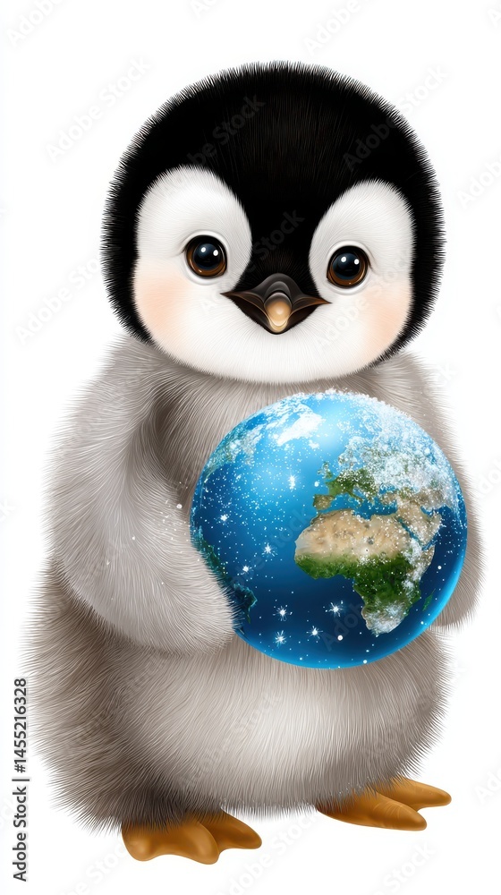 Cute penguin character holds the globe with flippers, looking at viewer ...
