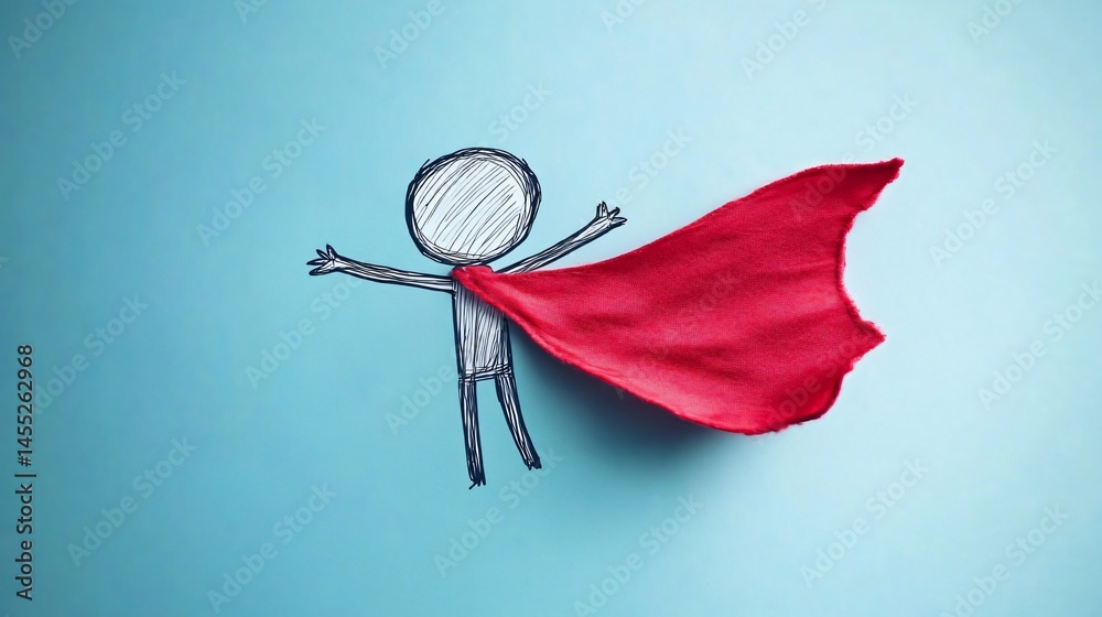 Dynamic Hand-drawn Stick Figure Flying with Red Cape Illustration Stock ...