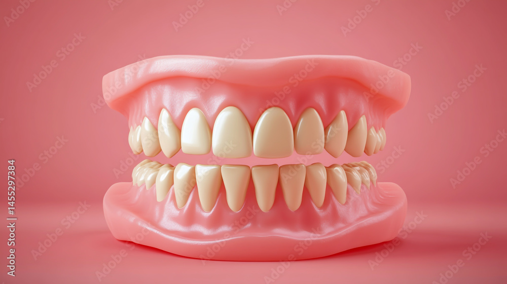 A realistic 3D of full dentures placed on a reflective surface, showing ...