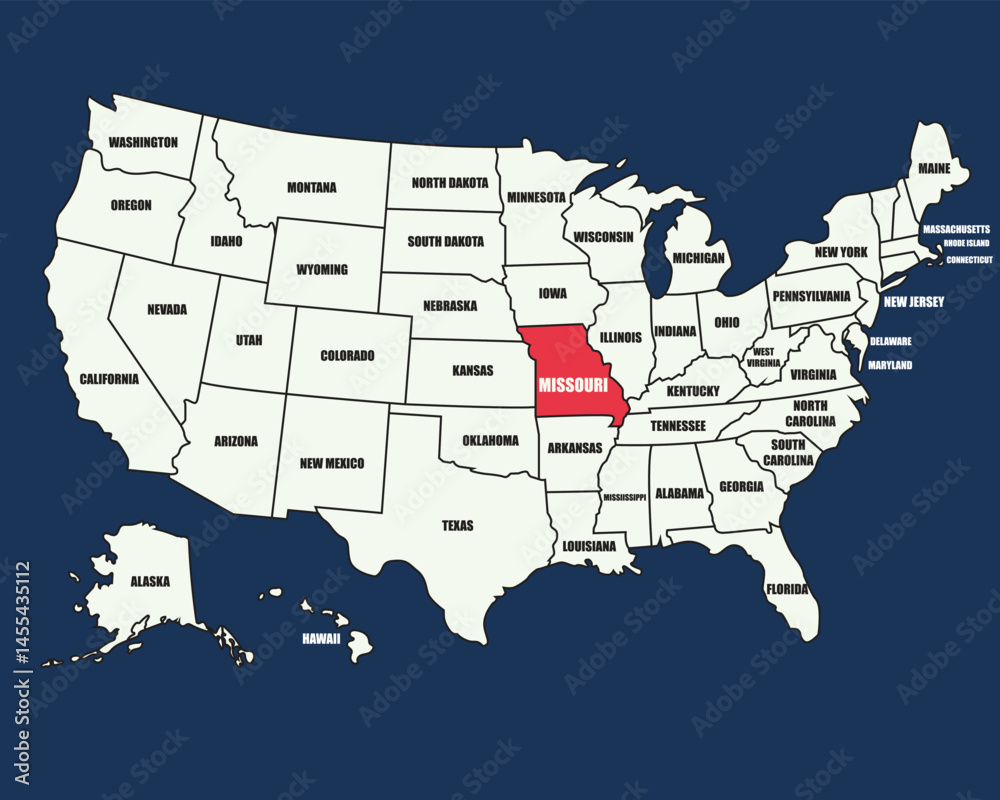 Colorful USA map with state names, highlighting Missouri, perfect for ...