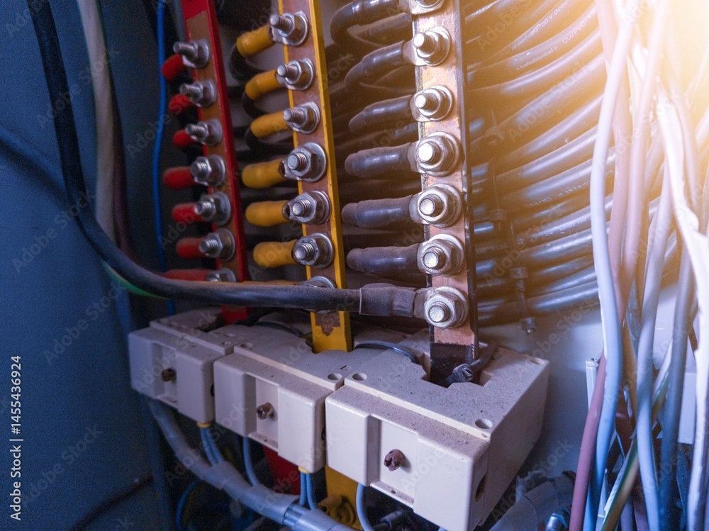 Installation of three phase cables connection with copper busbar on the ...