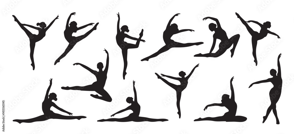 Silhouette set of female gymnast and ballerina in flexible dance poses ...