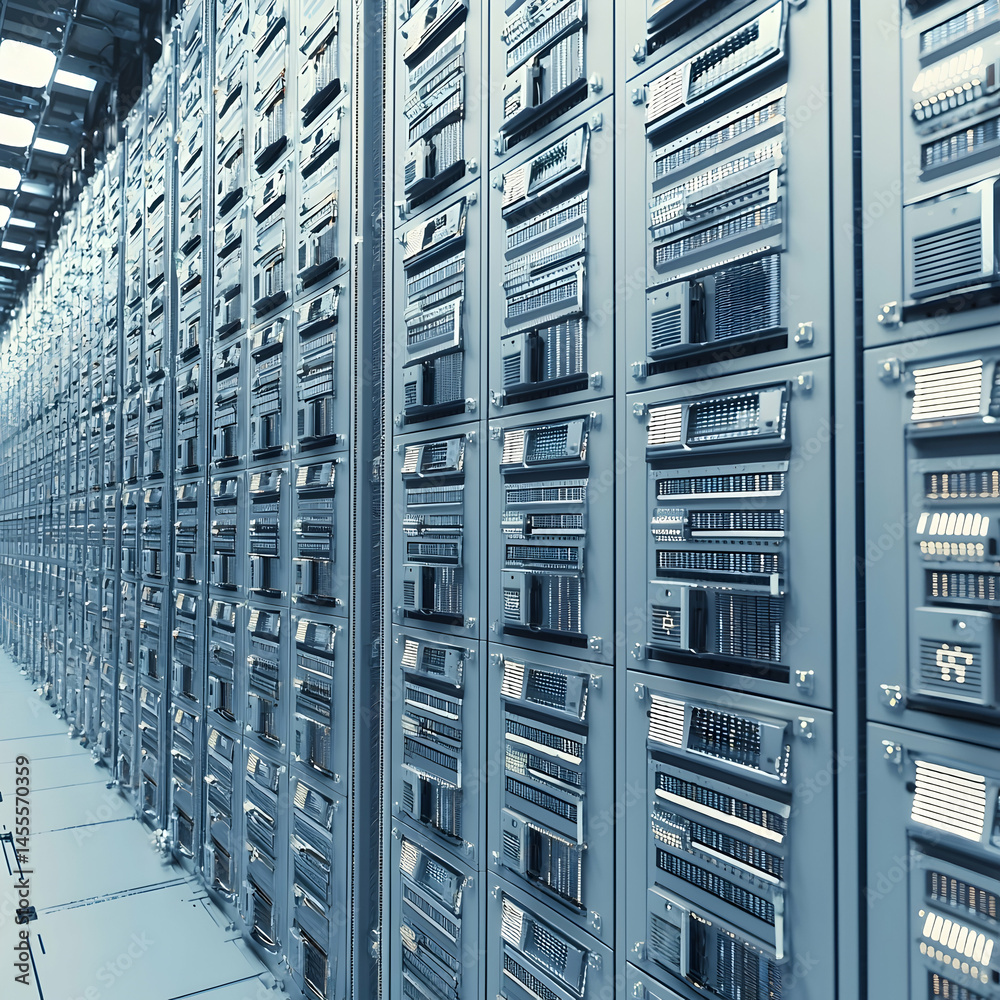 Data center server room, rows of racks, technology infrastructure, background lights, for ...