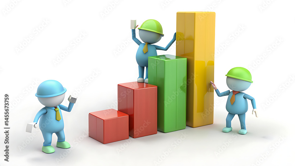 Cartoon characters collaborating to build bar chart for teamwork ...
