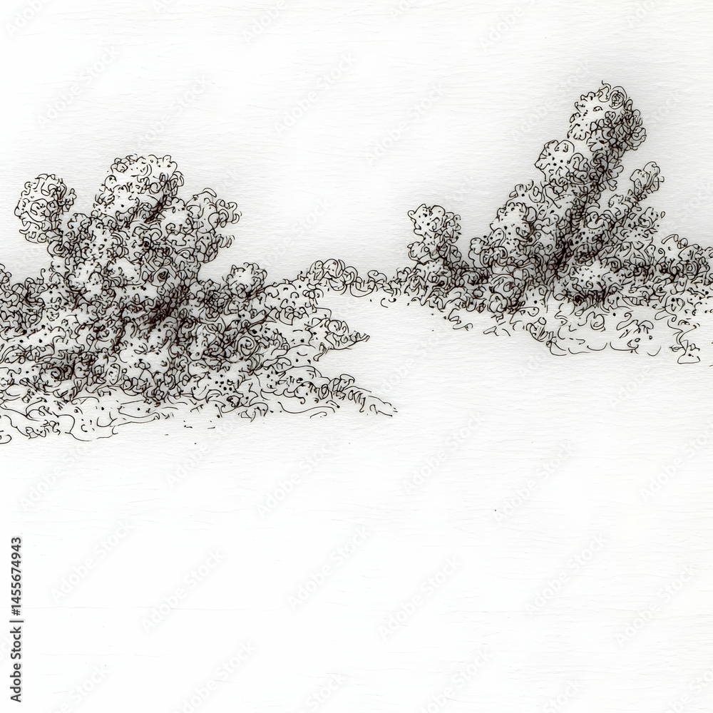 Ink drawing of desert plants, arid landscape background, artistic ...