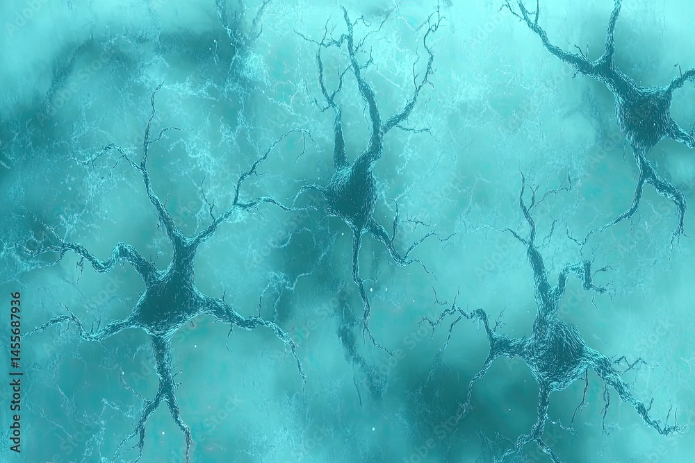 A microscopic view of neurons, showing their intricate network in a light turquoise background ...
