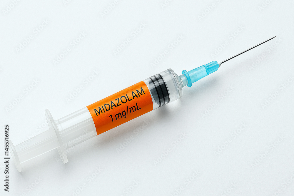 Midazolam 1 mg/mL labeled syringe on white background. Used for ...