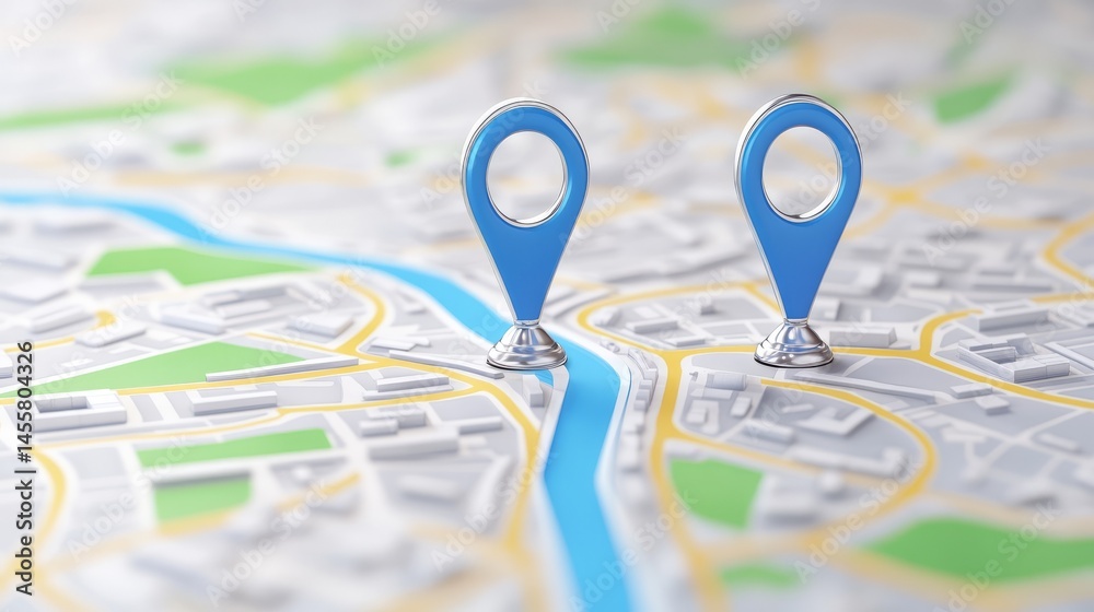 Two blue pins on a map, marking locations for travel and exploration ...