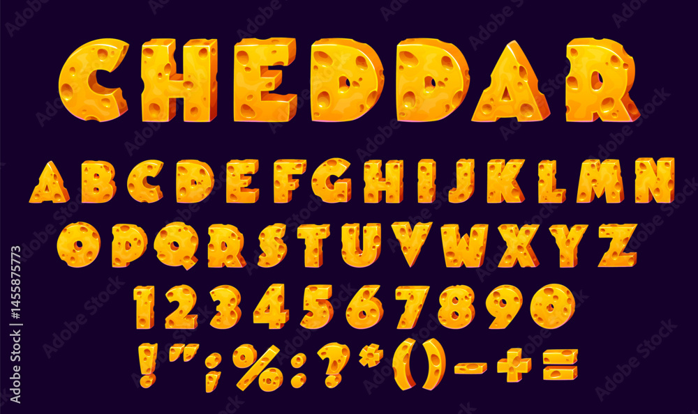 Vector de Stock Yellow cheddar cheese font, cheesy gouda type, swiss or ...
